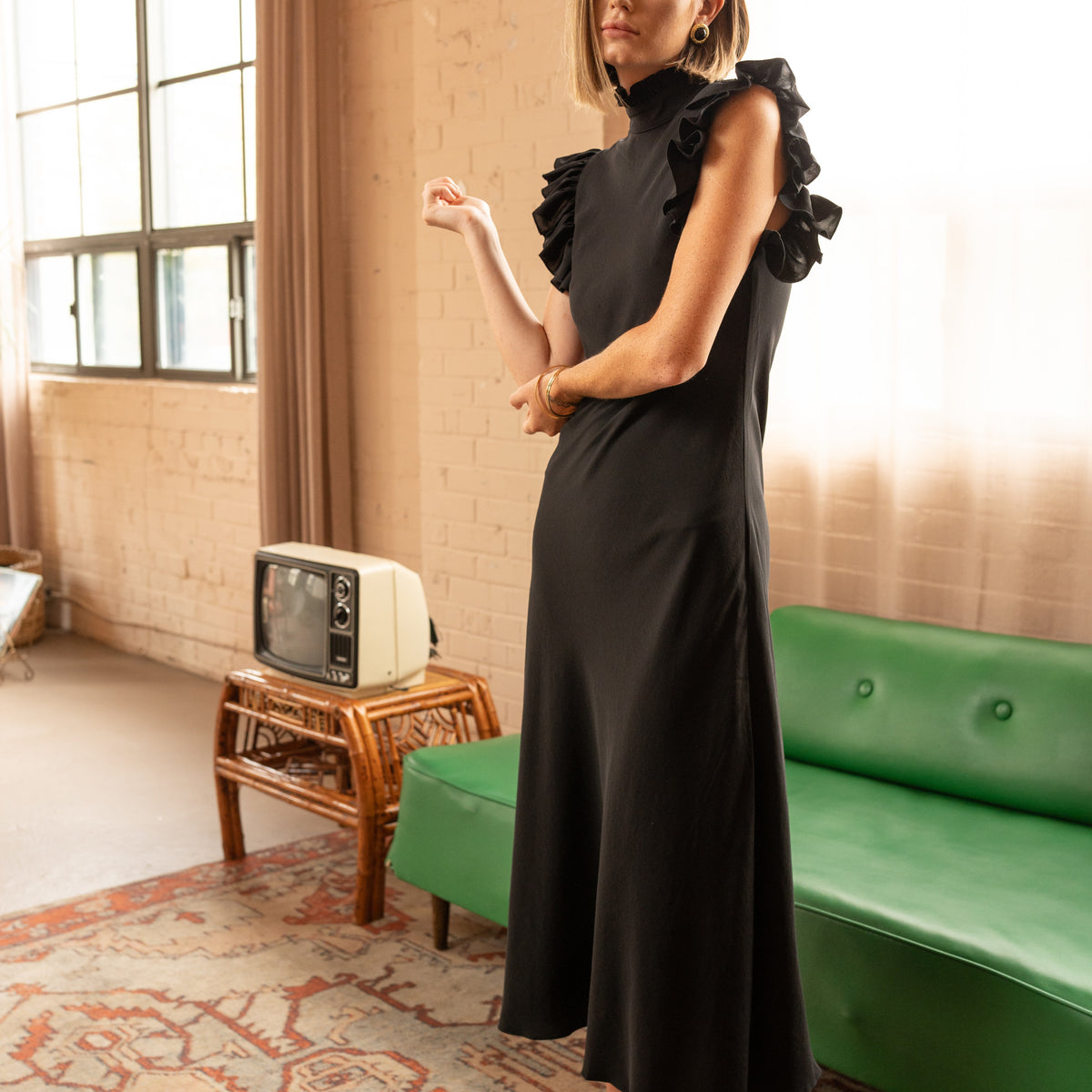 High-Neck Ruffle Sleeve Maxi Dress – Black – aisl dresses