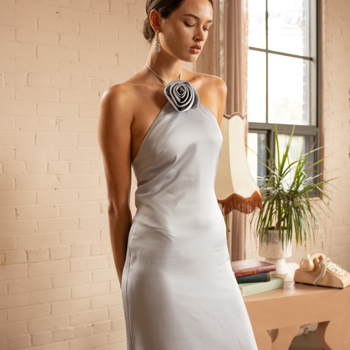 Floral Halter Neck Satin Maxi Dress – Silver – aisl dresses