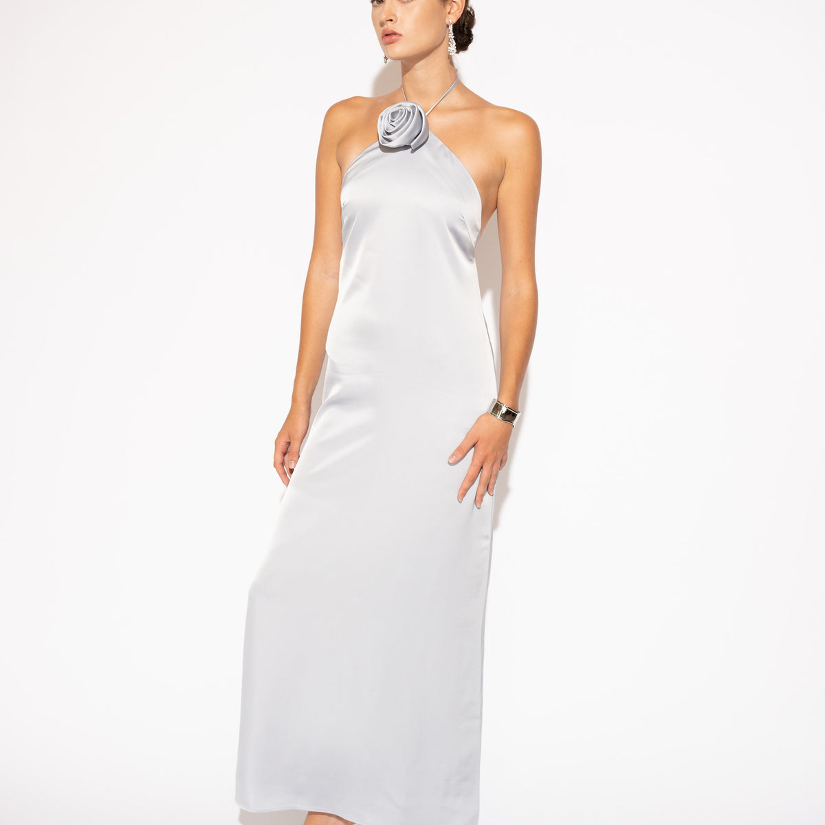 Floral Halter Neck Satin Maxi Dress – Silver – aisl dresses