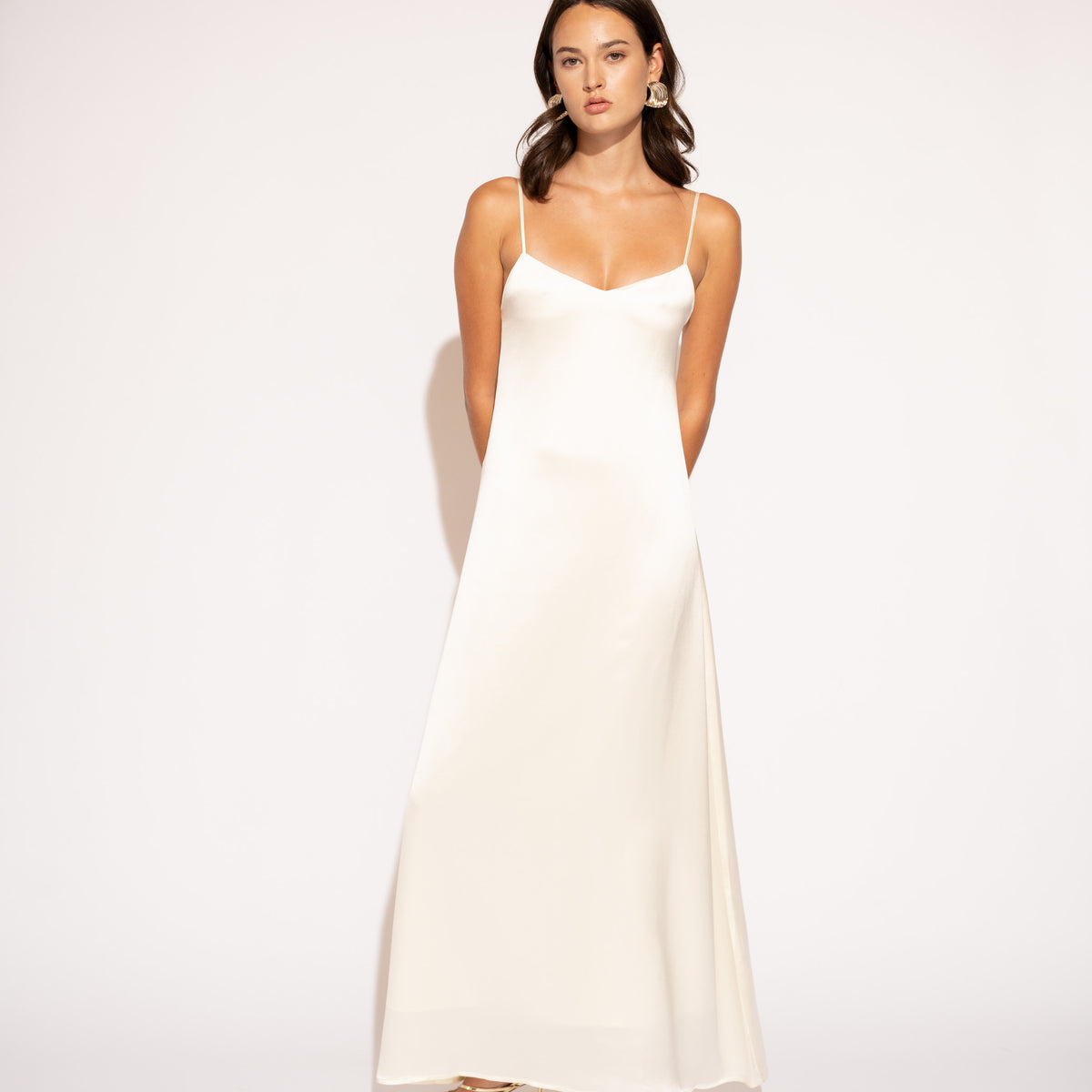Spaghetti Strap Satin Maxi Dress – Ivory – aisl dresses
