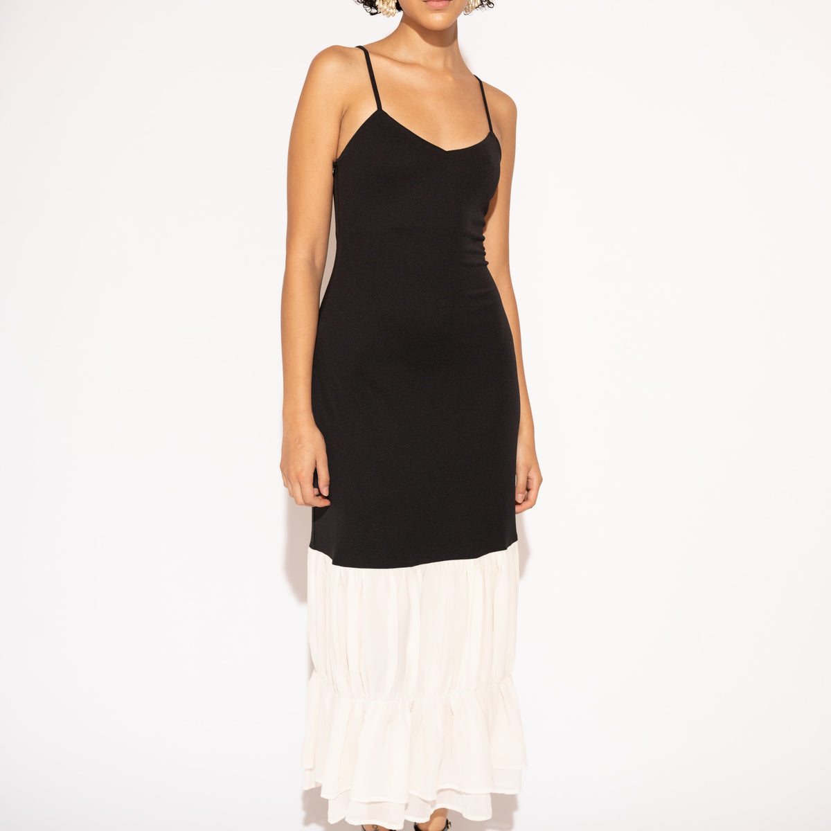 Patchwork Black and White Maxi Dress with Ruffled Hem – aisl dresses