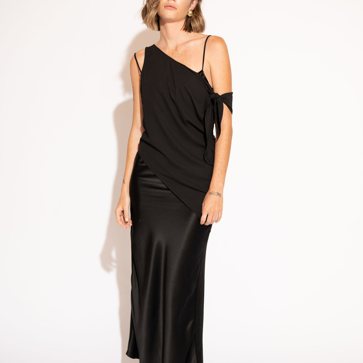 Asymmetrical Mesh-Spliced Satin Maxi Dress – Black – aisl dresses