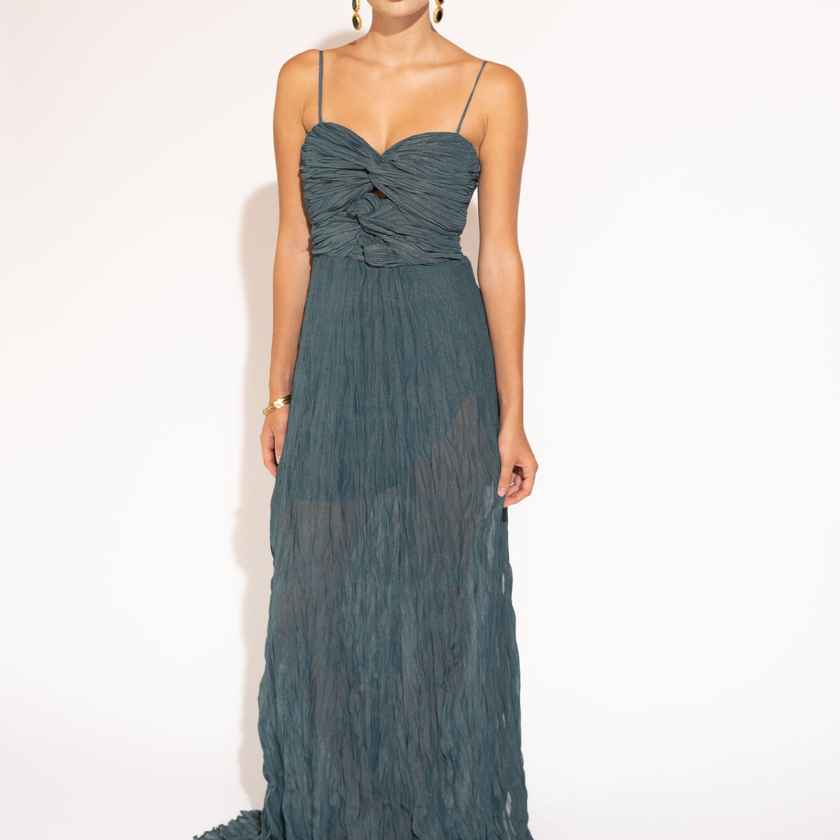 Silk Crepe Chiffon Maxi Dress with Ruched Bodice – Teal – aisl dresses