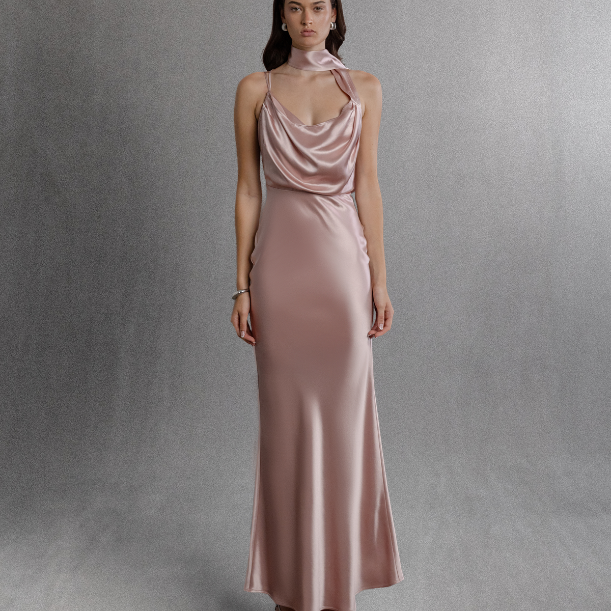 Blush Satin Cowl Gown with Neck Scarf – aisl dresses