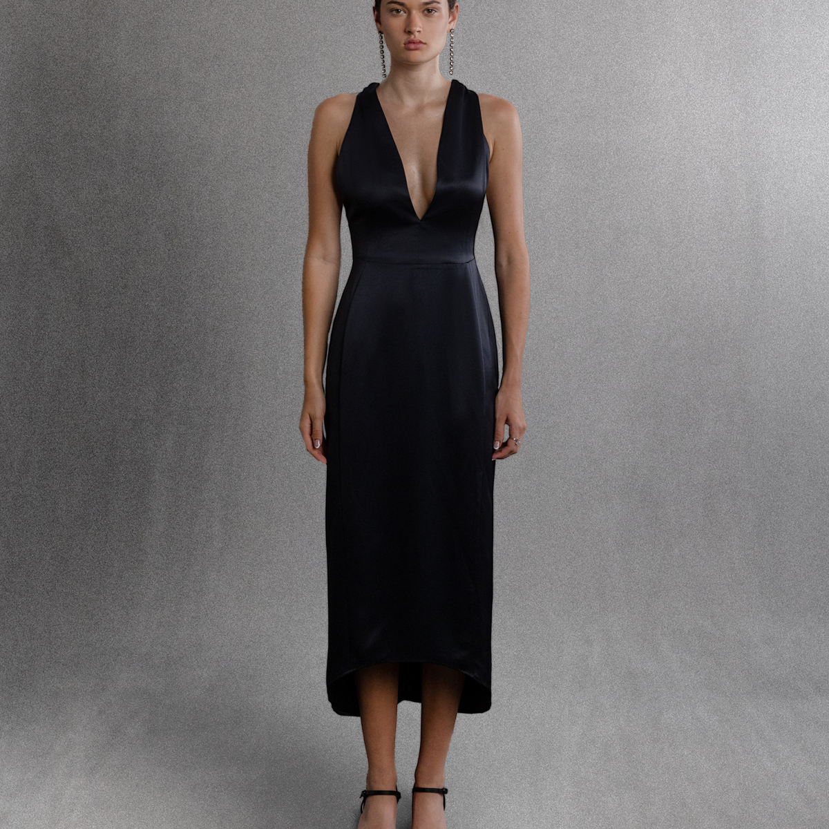 Midnight Satin V-Neck Midi Dress – aisl dresses