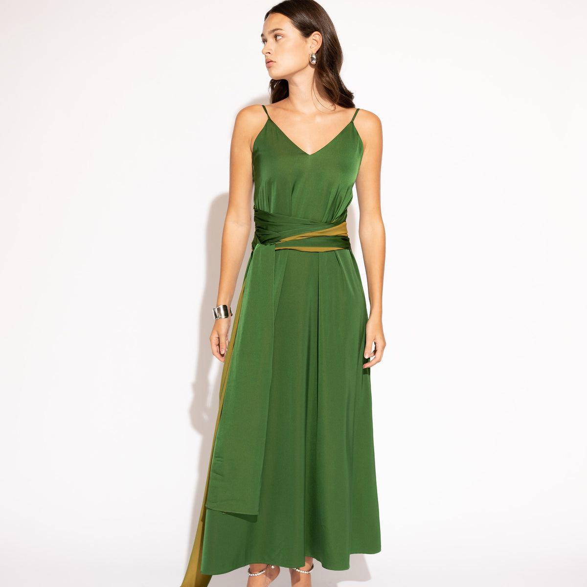 Two-Tone Matte Satin Wrap Maxi Dress – Green and Olive – aisl dresses